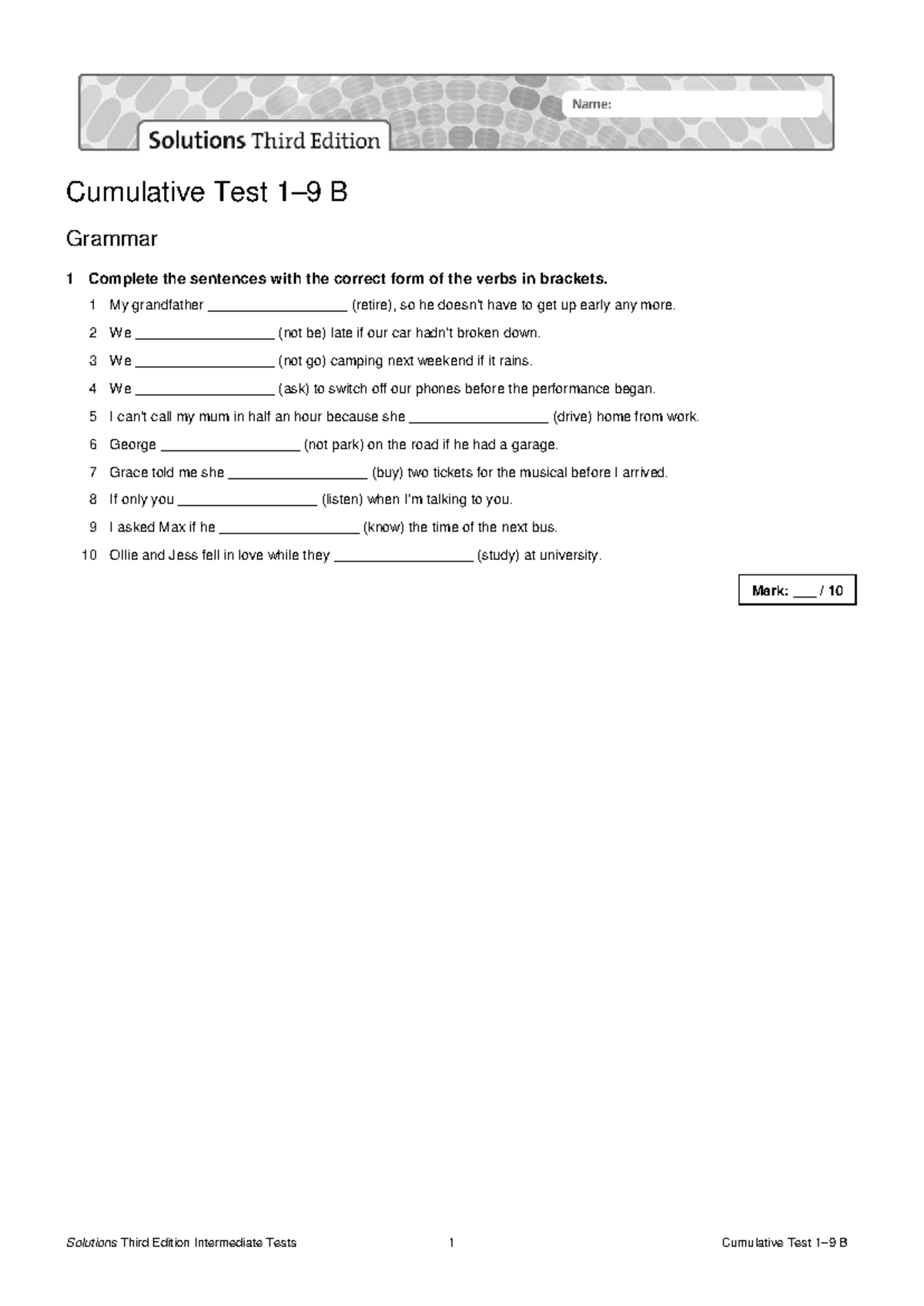 Sol3e int cumulative test 1-9 test b - Cumulative Test 1–9 B Grammar 1 ...