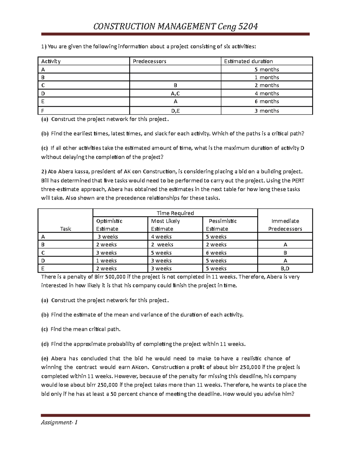 Assignment for construction management - CONSTRUCTION MANAGEMENT Ceng ...