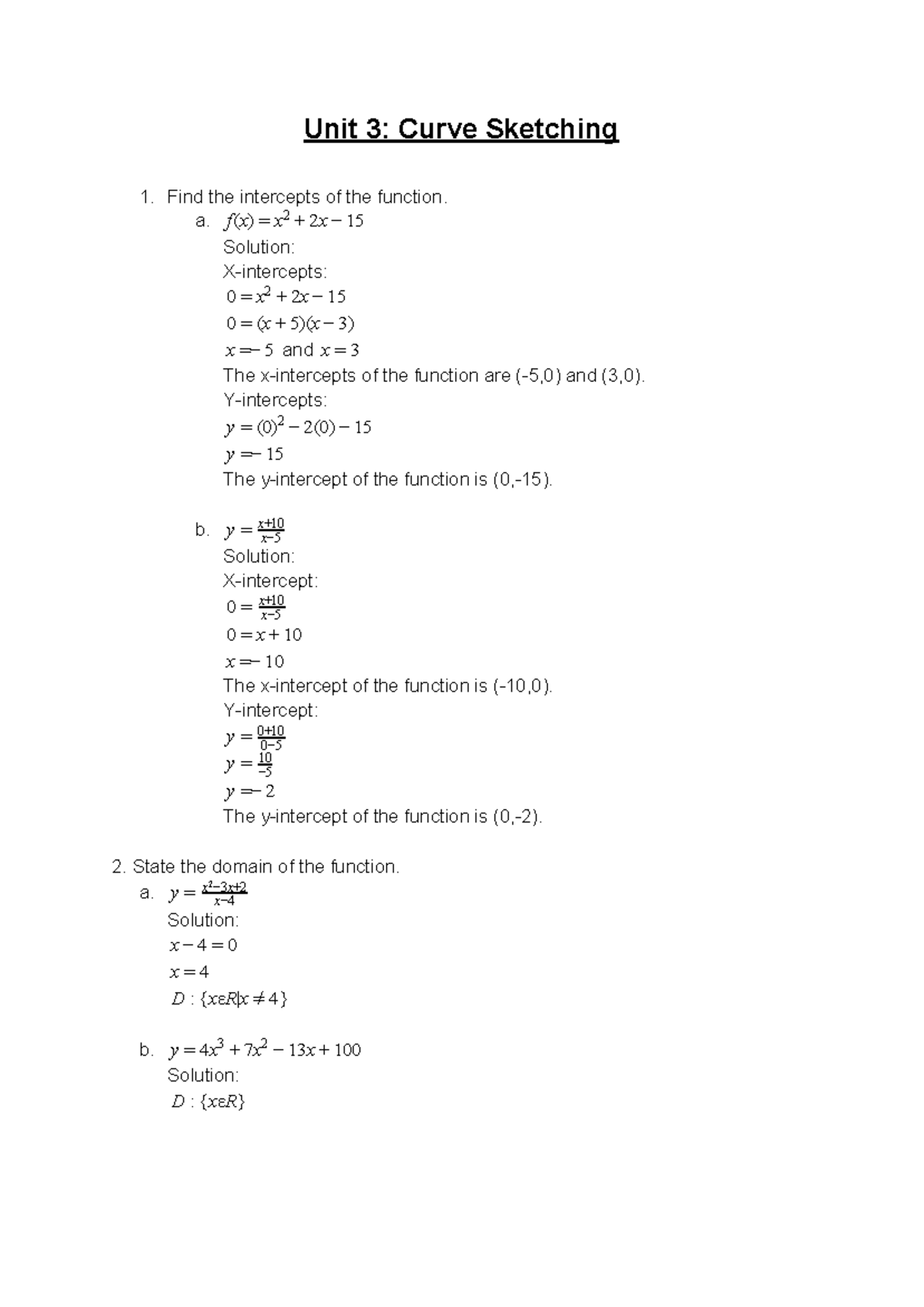 Unit 3 Curve Sketching - Unit 3: Curve Sketching Find the intercepts of ...