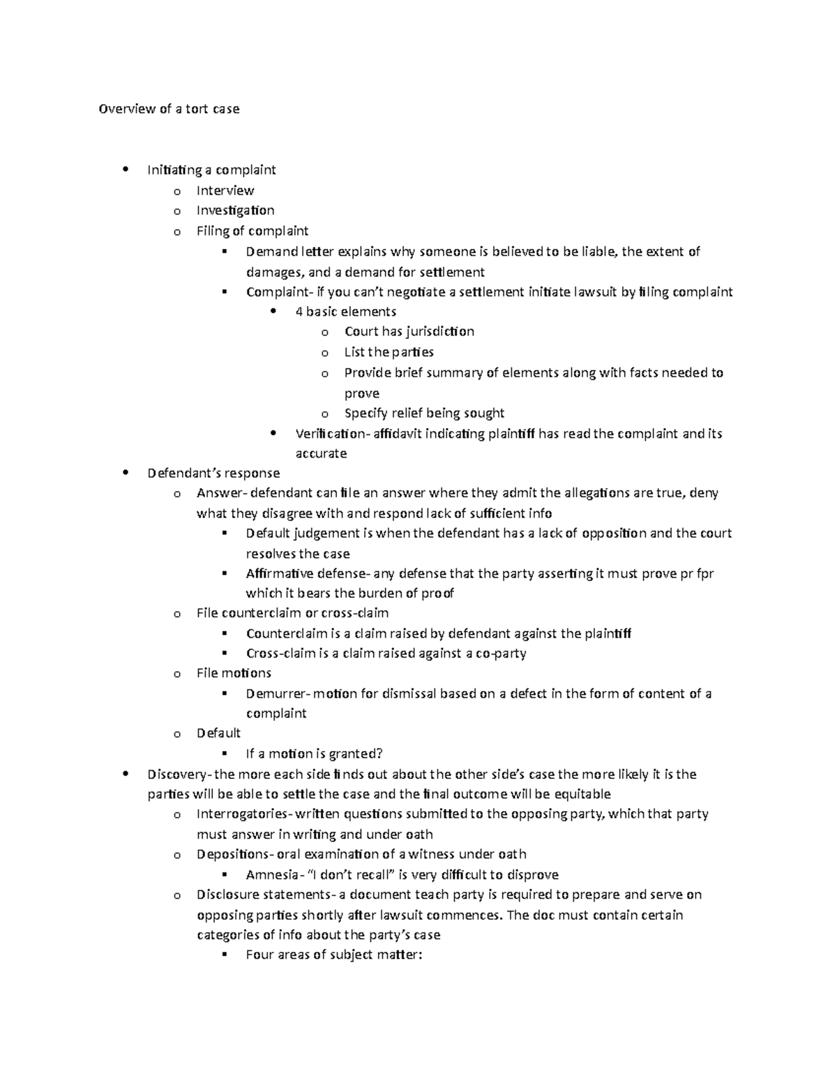 Chapter 2 Torts - Lecture notes 2 - Overview of a tort case Initiating ...