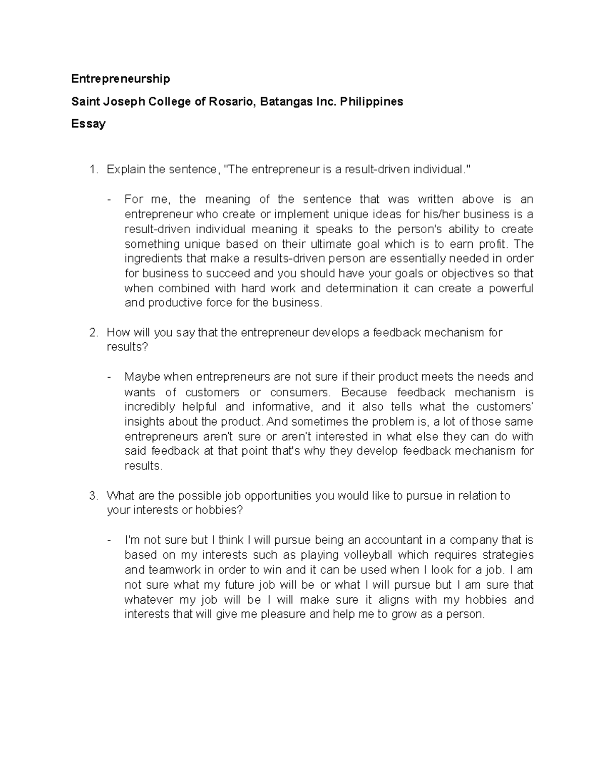 Practice essay Entrepreneurship - Entrepreneurship Saint Joseph College ...