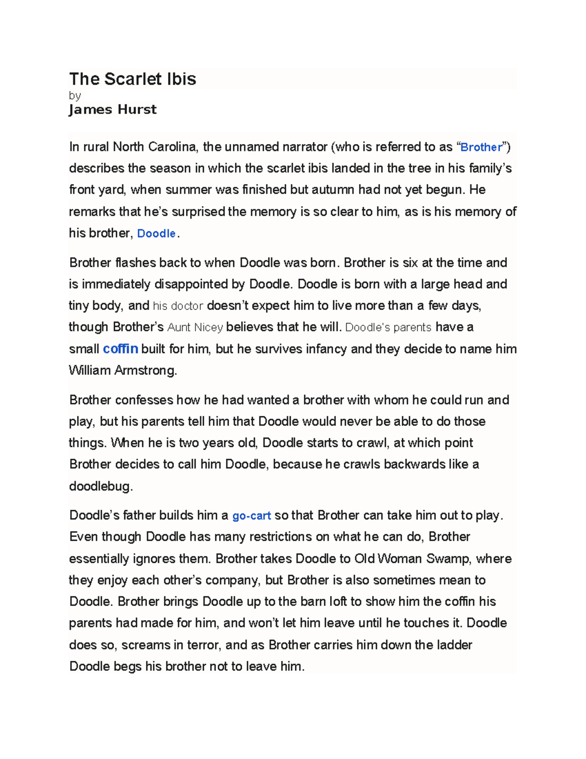 Reading Material THE Scarlet IBIS - The Scarlet Ibis by James Hurst In ...