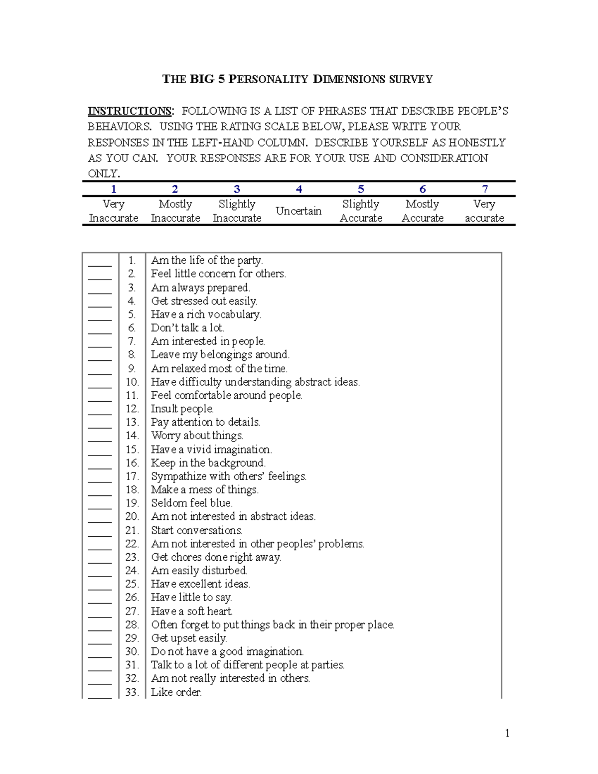 Assignment 2 Big Five Personality Dimensions Scale - THE BIG 5 ...