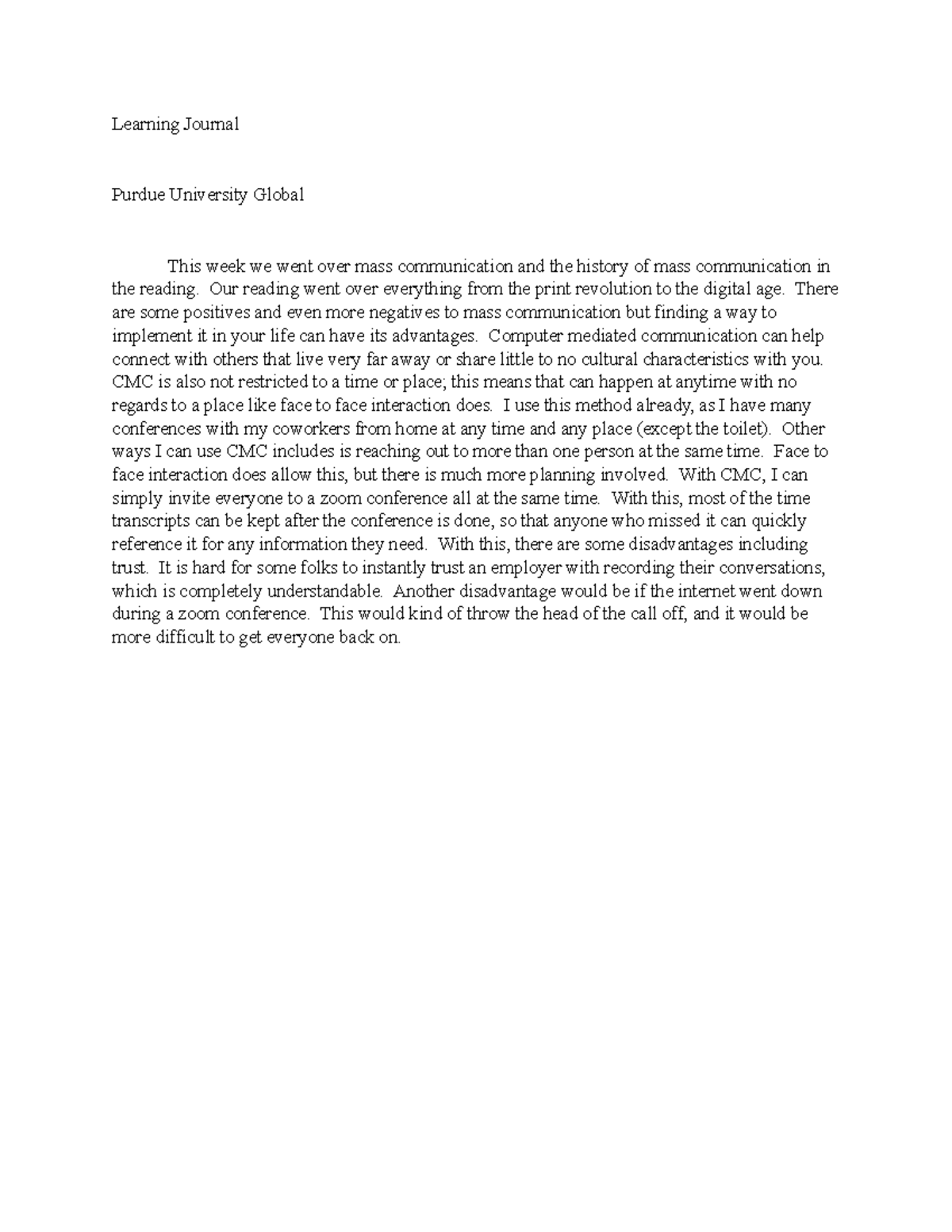 Learning Journal Week 9 - Learning Journal Purdue University Global ...