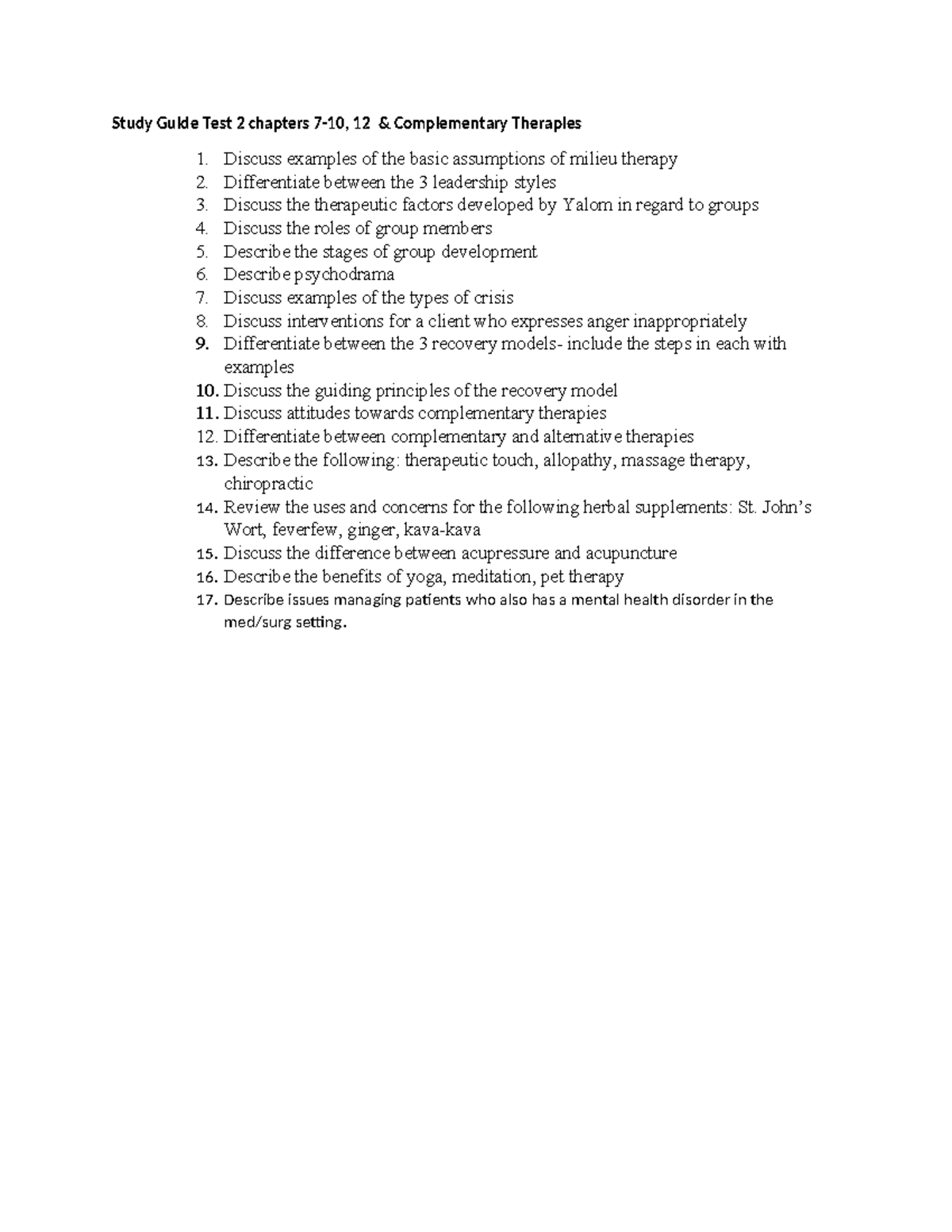 Study Guide Test 2 chapters 7 thru 10, 12 and complementary 1 - Study ...