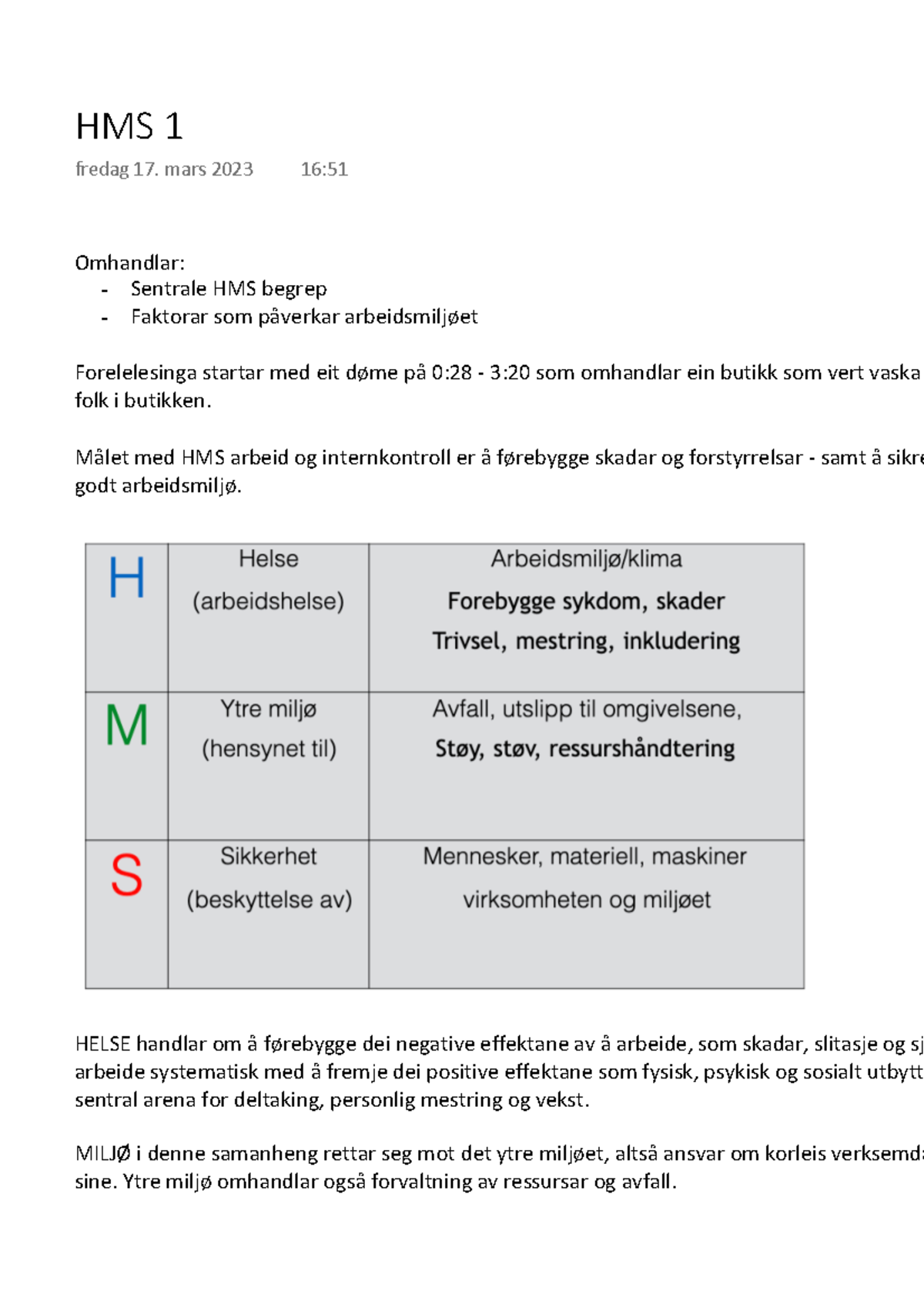 HMS 1 - Notater fra forelesing. SUPER til eksamen! - Omhandlar: - Sentrale HMS begrep - Faktorar ...