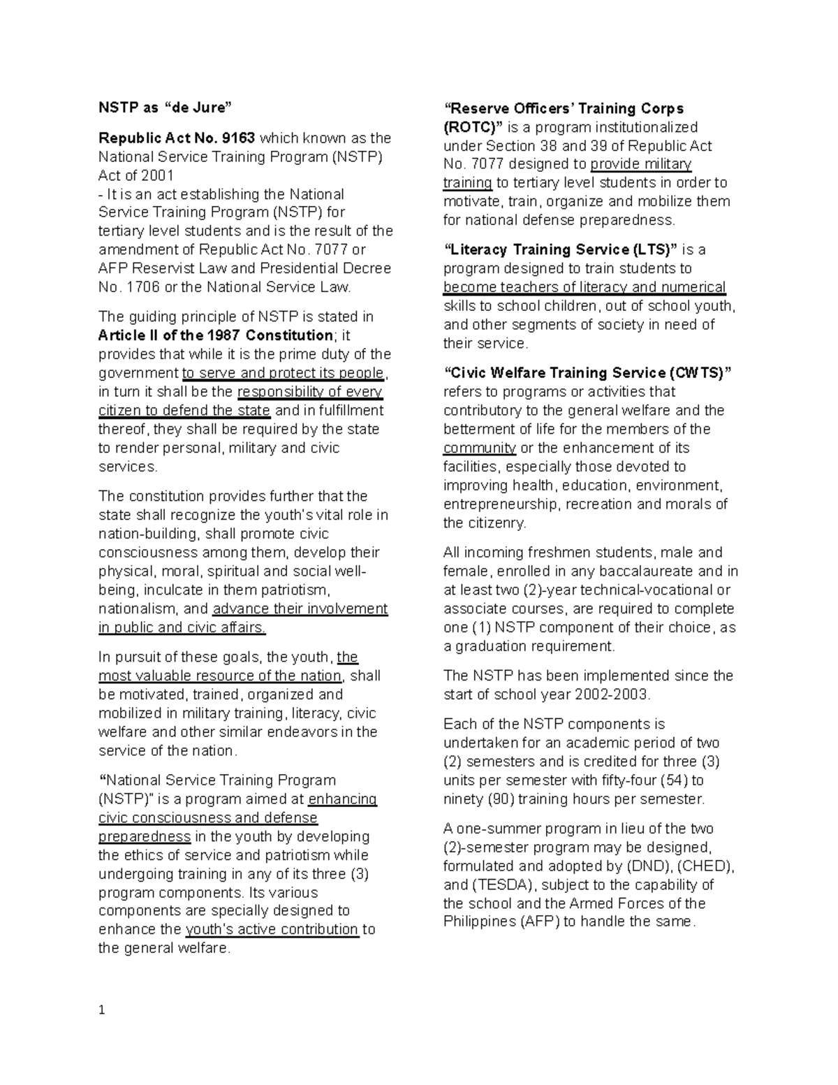 NSTP - Nstp - NSTP as “de Jure” Republic Act No. 9163 which known as ...