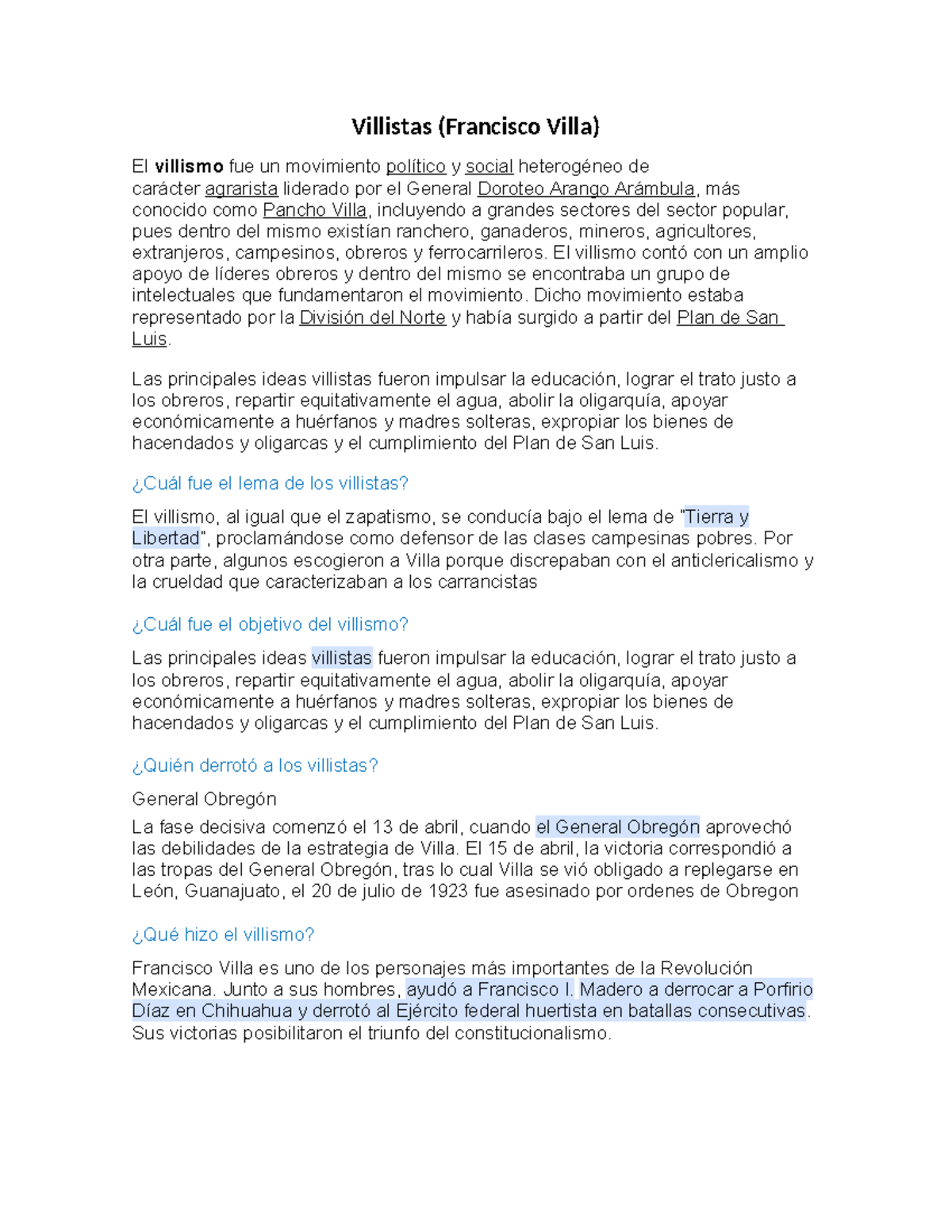 Villistas - tareas - Villistas (Francisco Villa) El villismo fue un ...