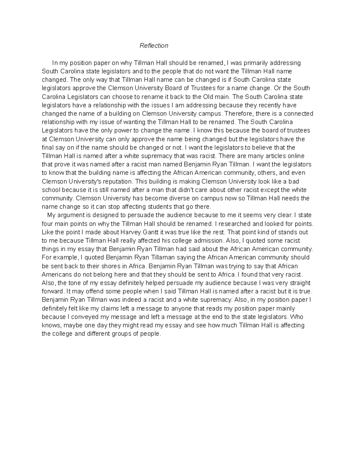 Position paper reflection - Reflection In my position paper on why ...