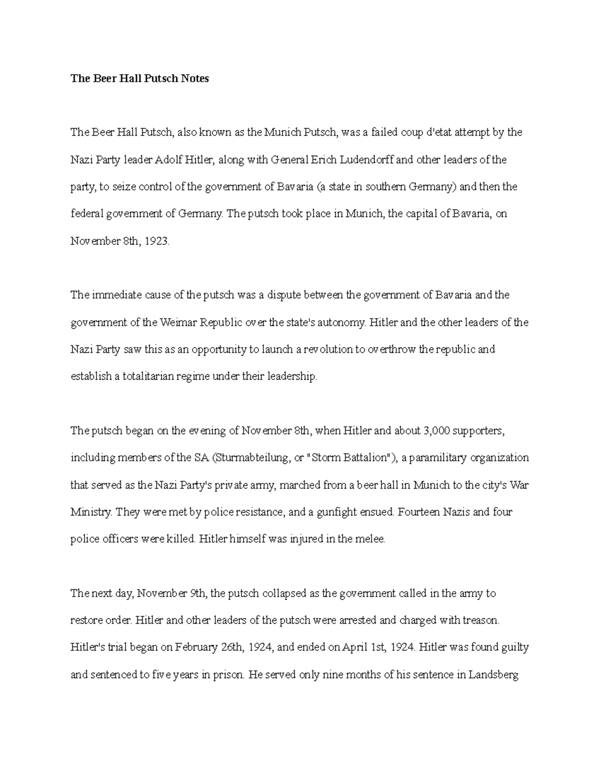 Nazi State - The Beer Hall Putsch Notes - The Beer Hall Putsch Notes ...