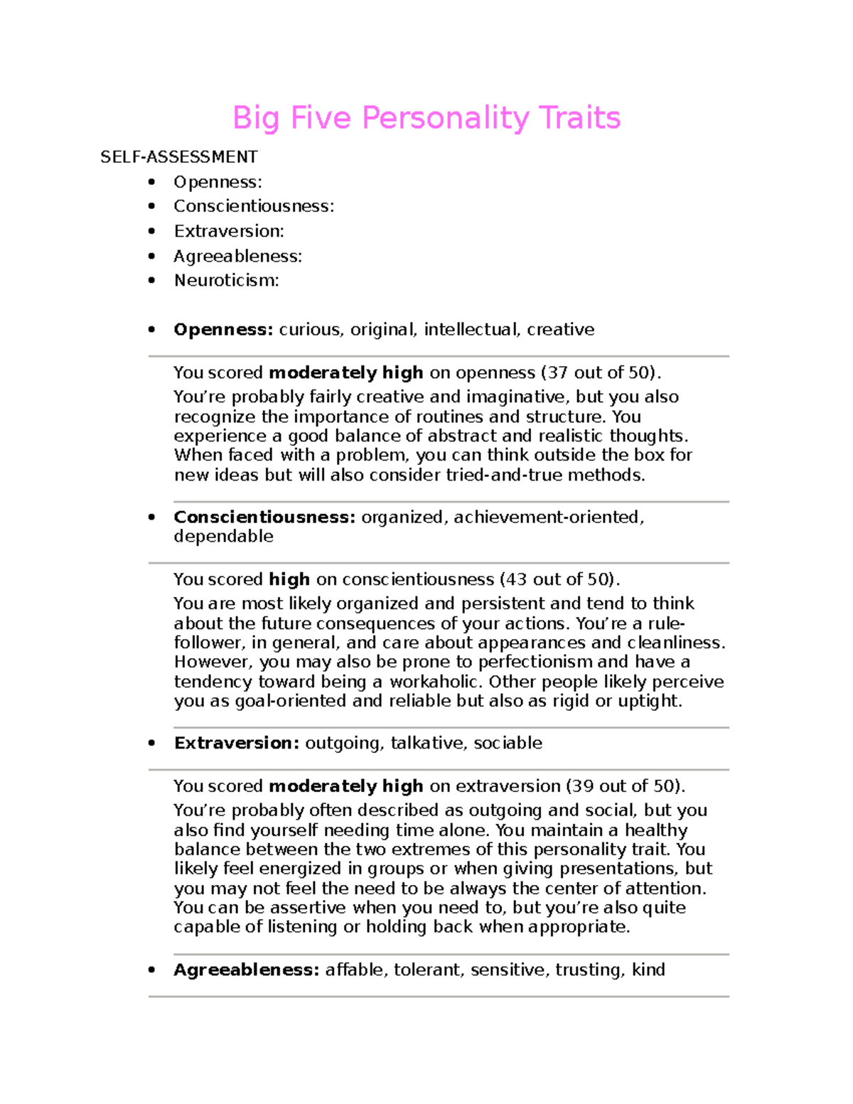 Traits - Big Five Personality Traits SELF-ASSESSMENT Openness ...