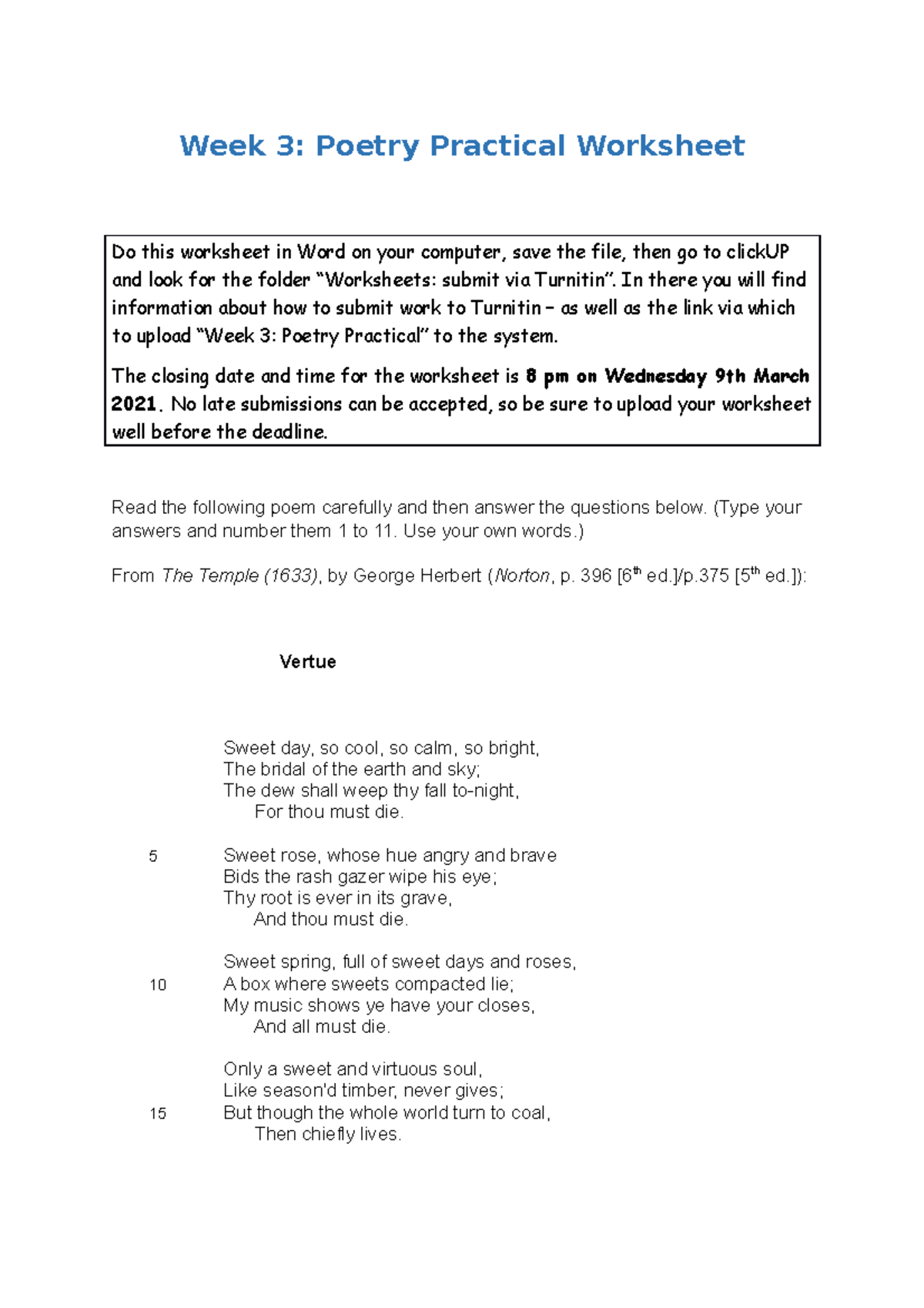Week 3 Practical Worksheet - Week 3: Poetry Practical Worksheet Do this ...