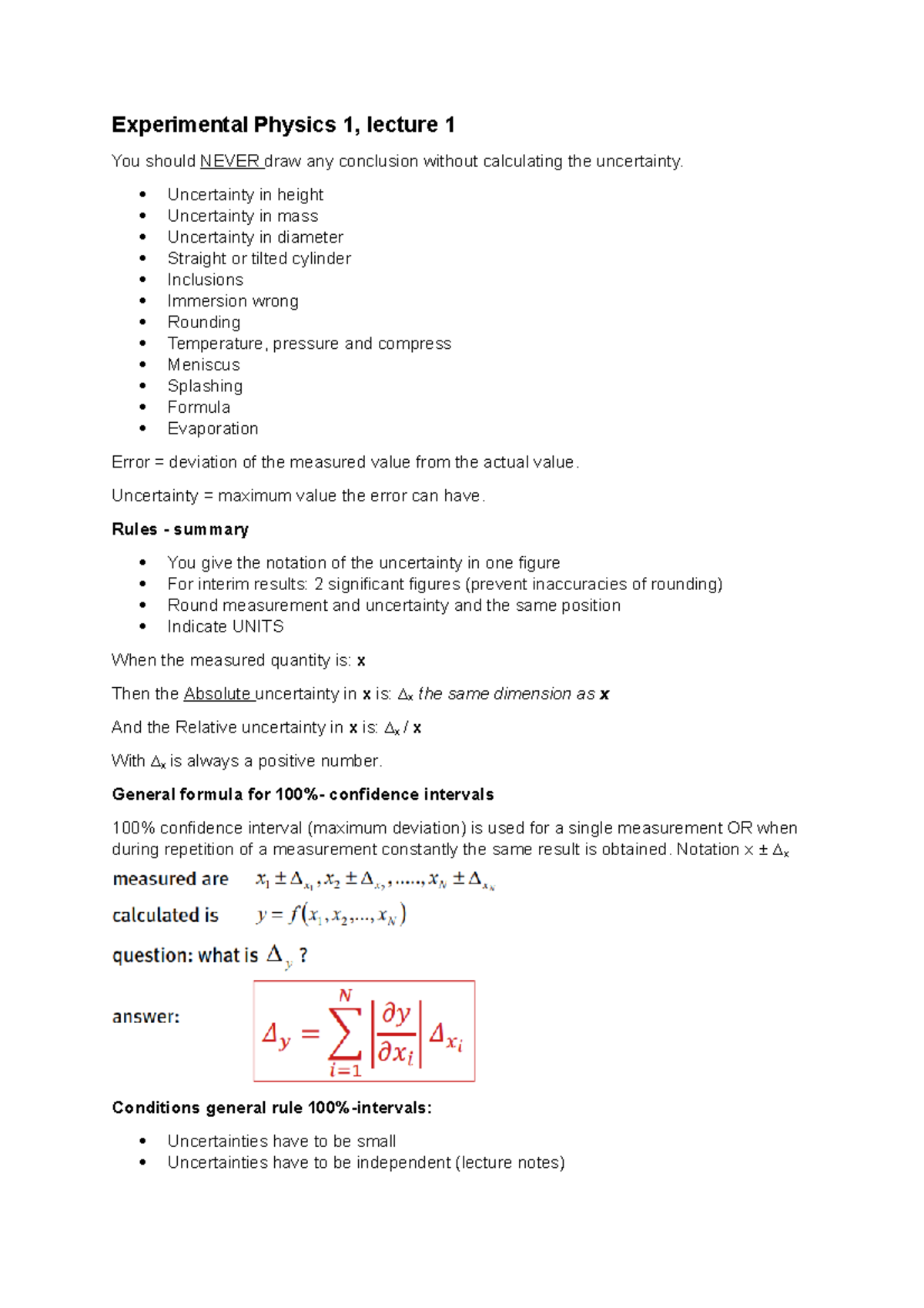 Experimental Physics 1 - Uncertainty in height Uncertainty in mass Uncertainty in diameter ...