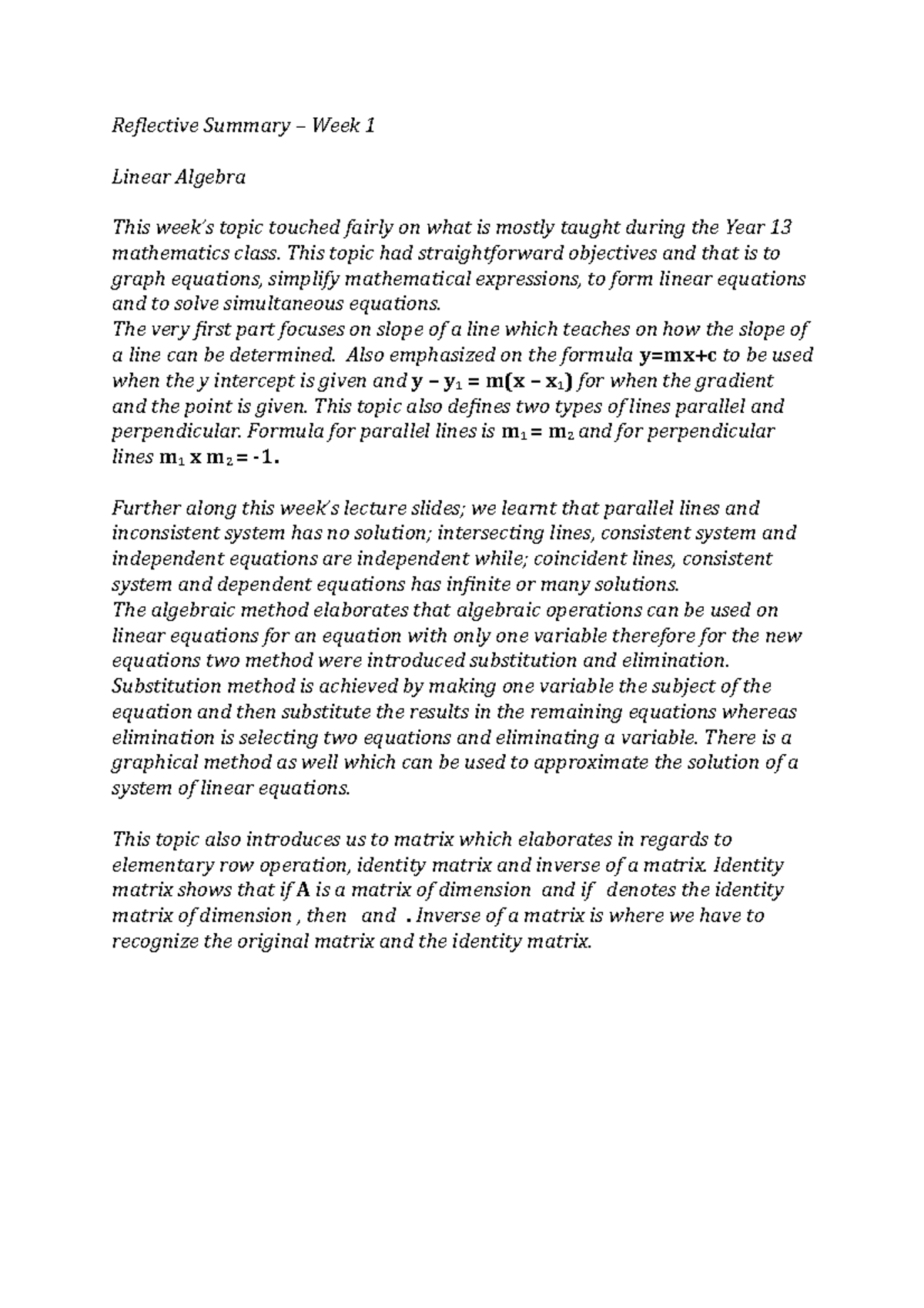 Reflective Summary Wk 1 - Reflective Summary – Week 1 Linear Algebra ...