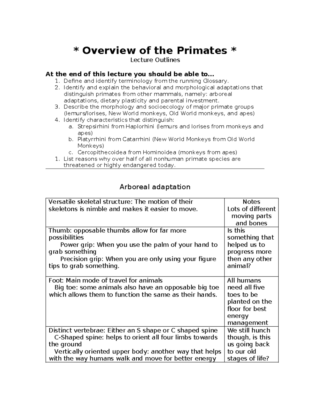 Module 8 Lecture Outline 1 - * Overview of the Primates * Lecture ...
