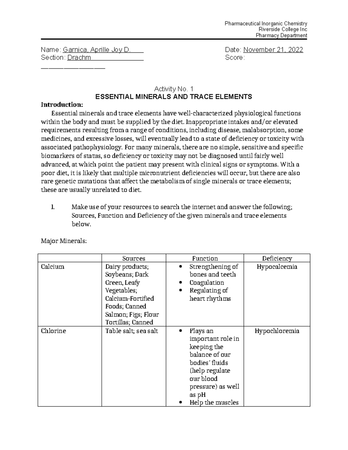 Endterm A1 - ASSIGNMENT ON ESSENTIAL MINERALS AND TRACE ELEMENTS ...