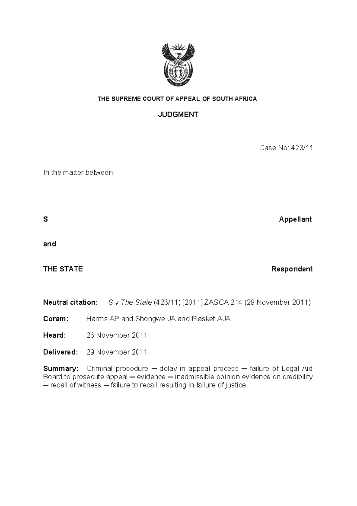 Holtzhauzen v Roodt - Case law - THE SUPREME COURT OF APPEAL OF SOUTH AFRICA JUDGMENT Case No ...