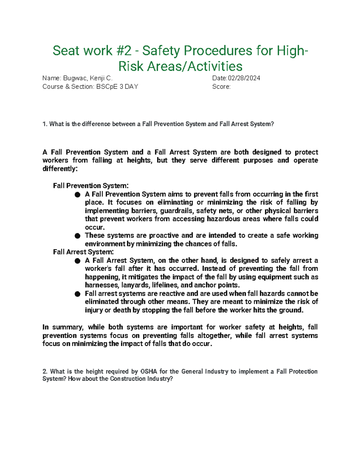 Seat work#2(Kenji) - Seat work #2 - Safety Procedures for High- Risk ...