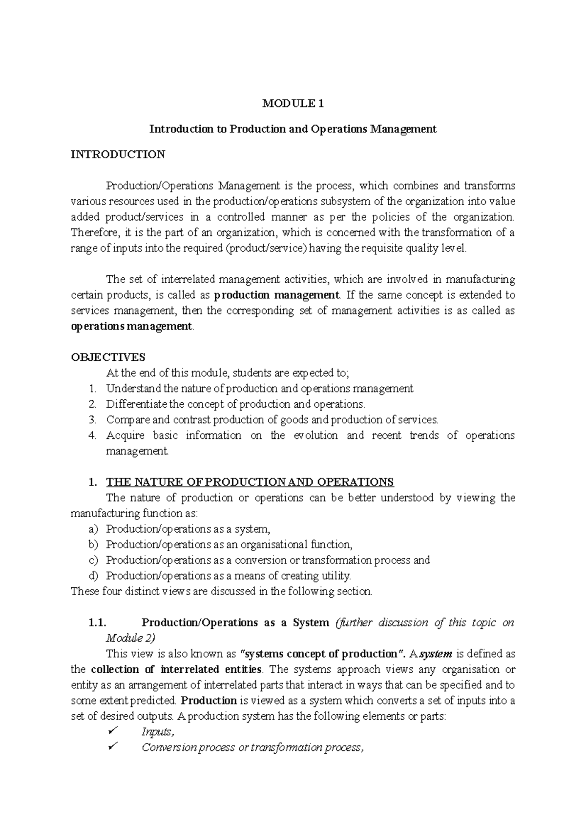 CBME TQM Module 1 - MODULE 1 Introduction to Production and Operations ...