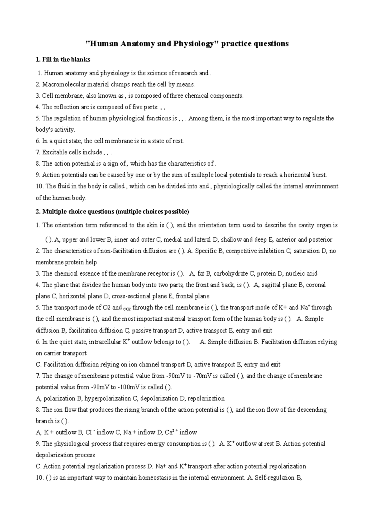 "Human Anatomy and Physiology" practice questions - "Human Anatomy and ...