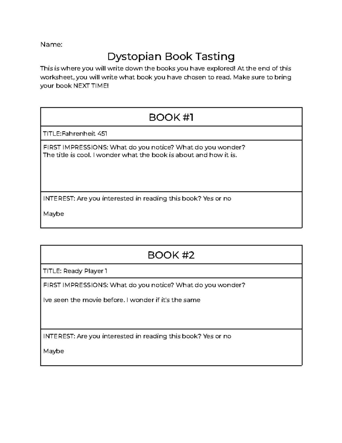 Dystopian Book Tasting - Name: Dystopian Book Tasting This is where you ...