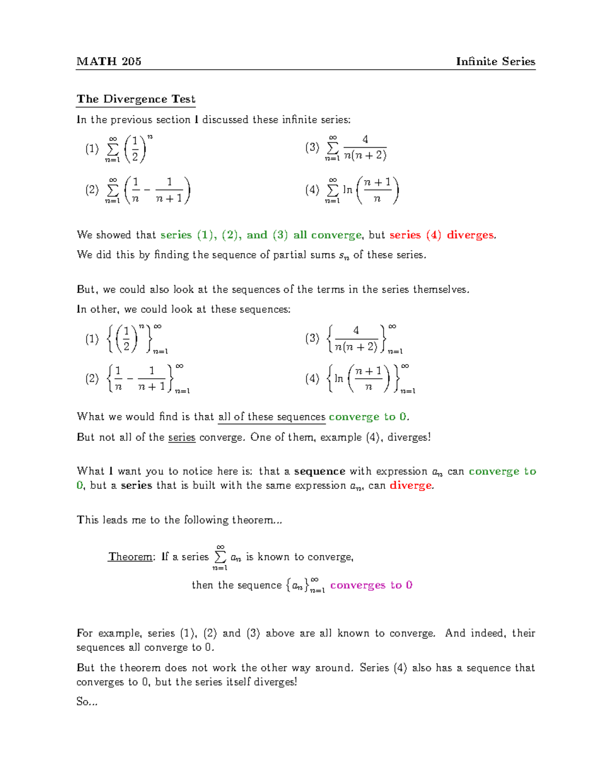 MATH 205 3 Divergence Test - MATH 205 Infinite Series The Divergence ...