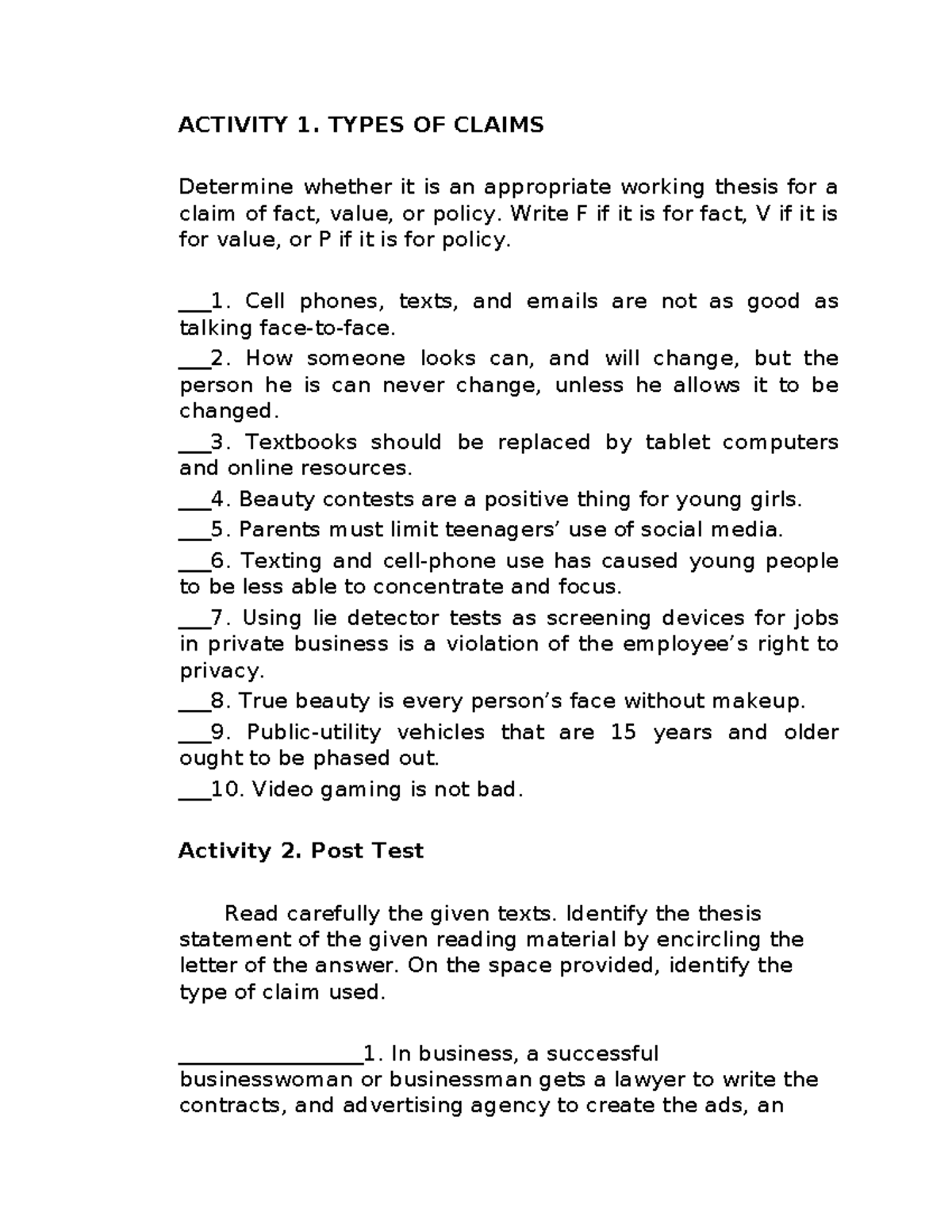 RWS Lesson 3 activity 1 and 2 - ACTIVITY 1. TYPES OF CLAIMS Determine ...