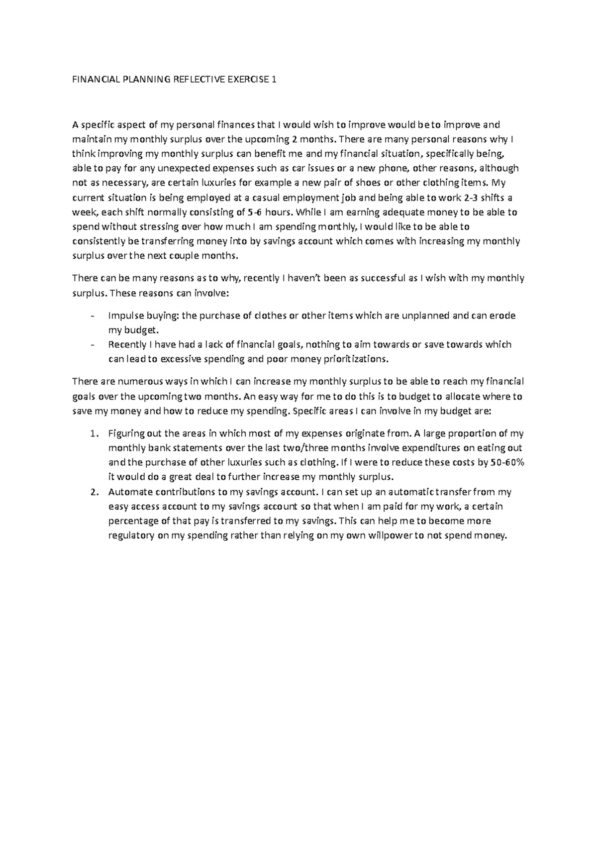 Financial Planning Reflective Exercise 1 - FINANCIAL PLANNING ...