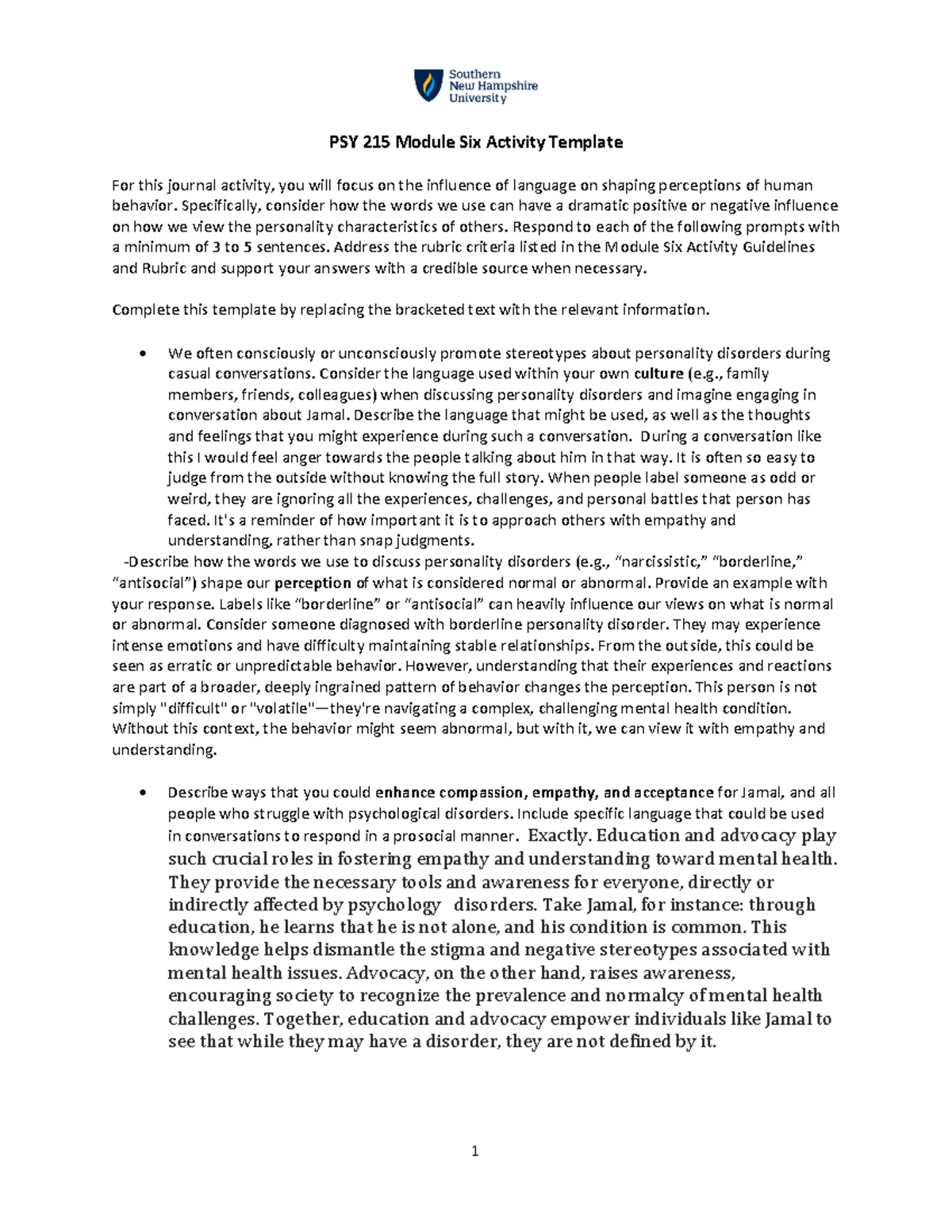 PSY 215 Module Six Activity Template - 1 PSY 215 Module Six Activity ...