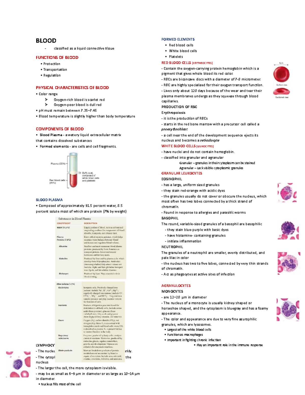 Blood - notes - BLOOD classified as a liquid connective tissue ...