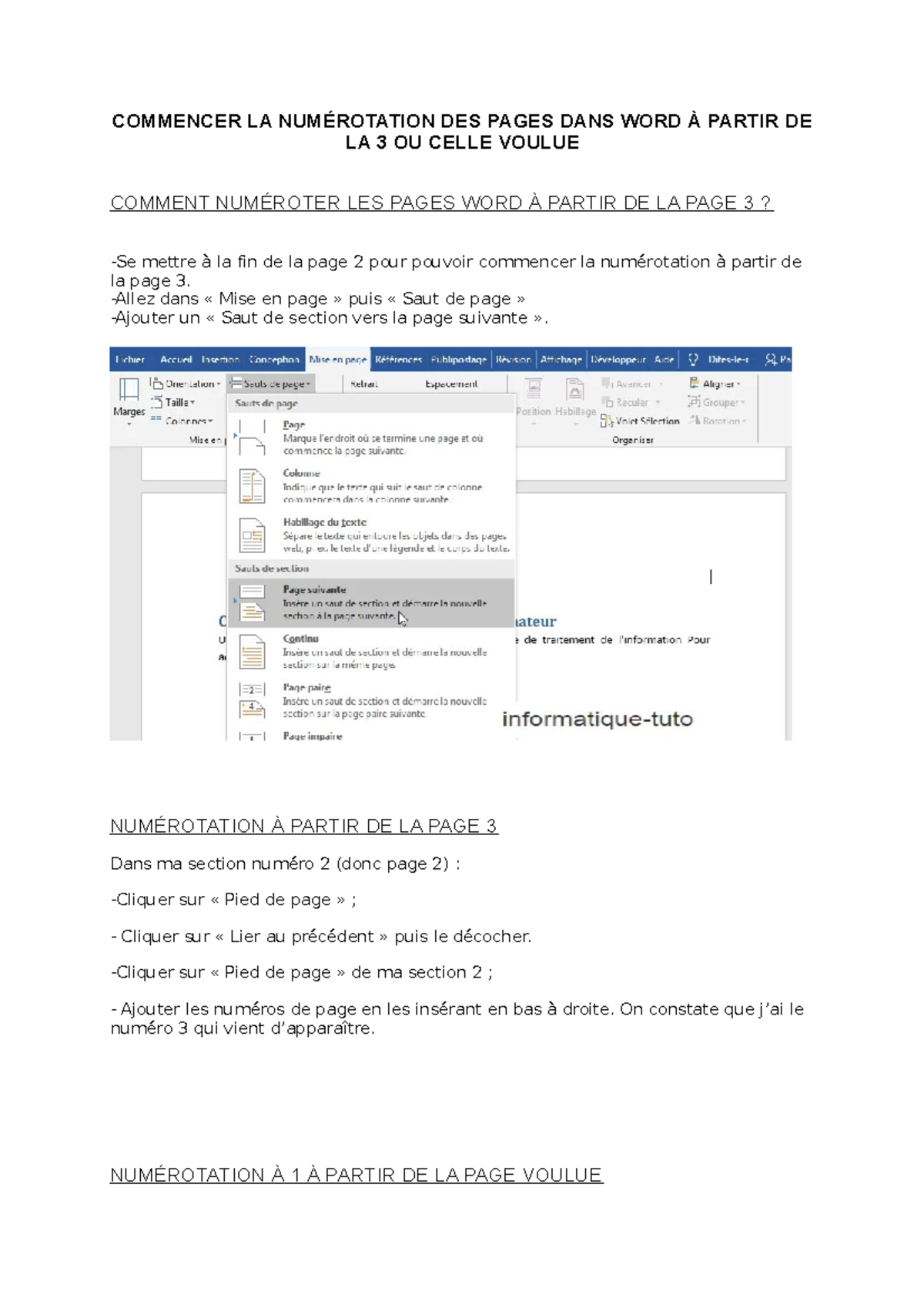 Commencer la numérotation des pages dans WORD À Partir DE LA 3 OU Celle ...