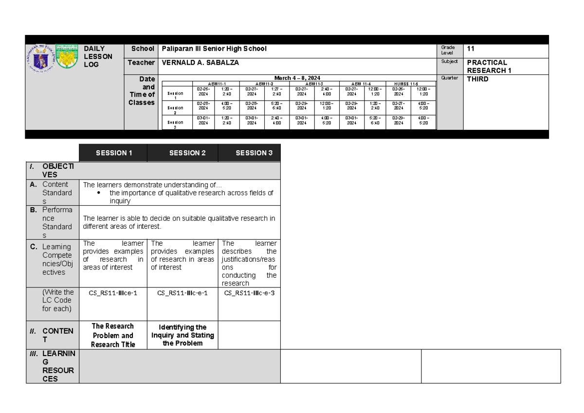 DLL-PR1-Week-5 with Catch Up Friday Integration - DAILY LESSON LOG School Paliparan III Senior ...