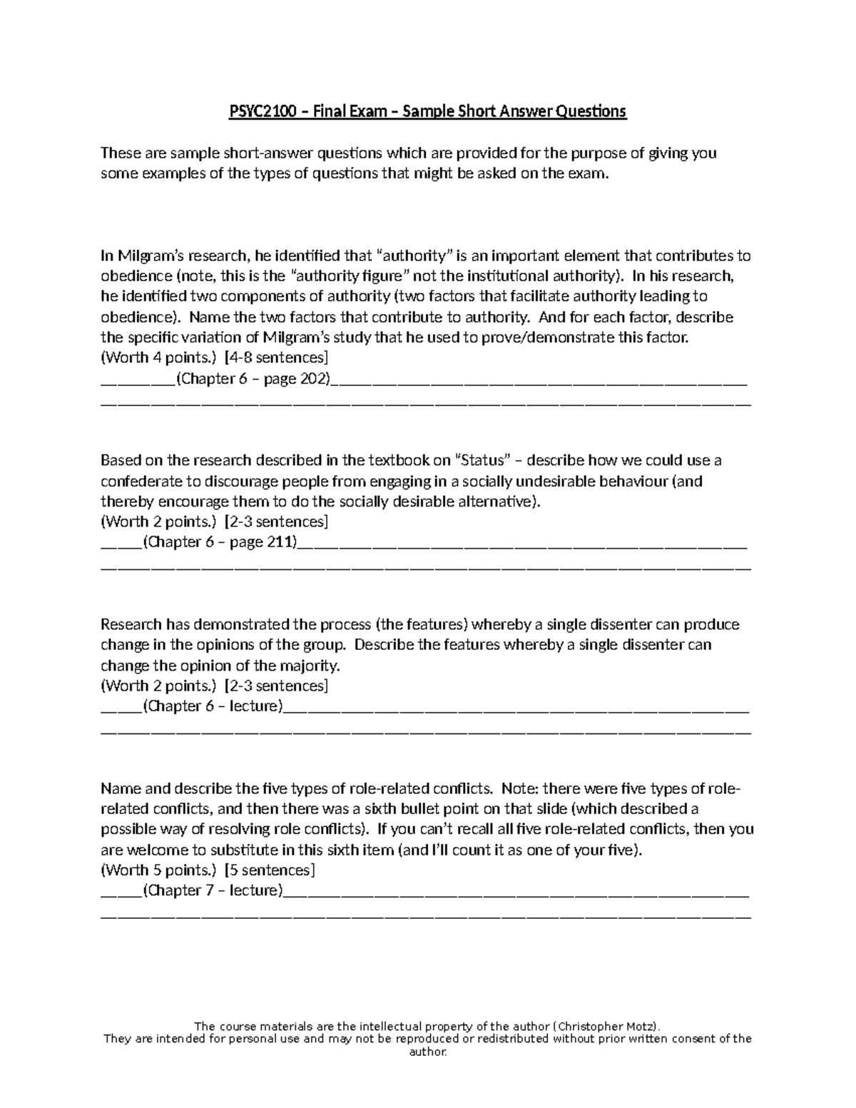 PSYC2100 – Final Exam – Sample Short Answer Questions - PSYC2100 ...