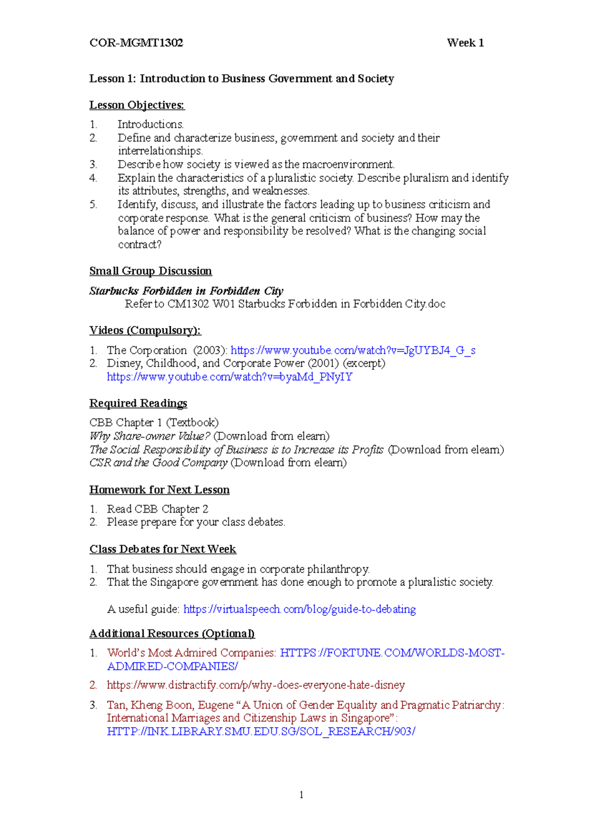 COR-MGMT1302 W01 Outline - COR-MGMT1302 Week 1 Lesson 1: Introduction ...