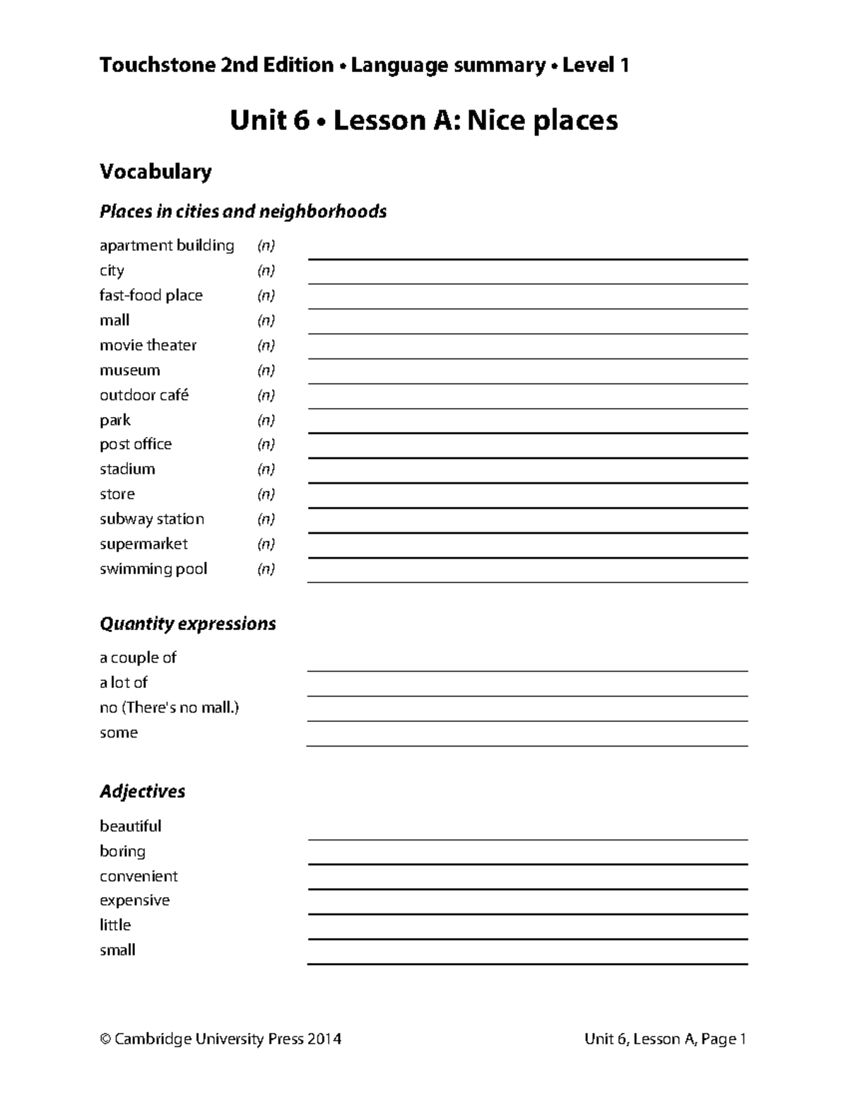 TS2e L1 U6 LA Langsum - fluido - Touchstone 2nd Edition • Language summary • Level 1 Unit 6 ...