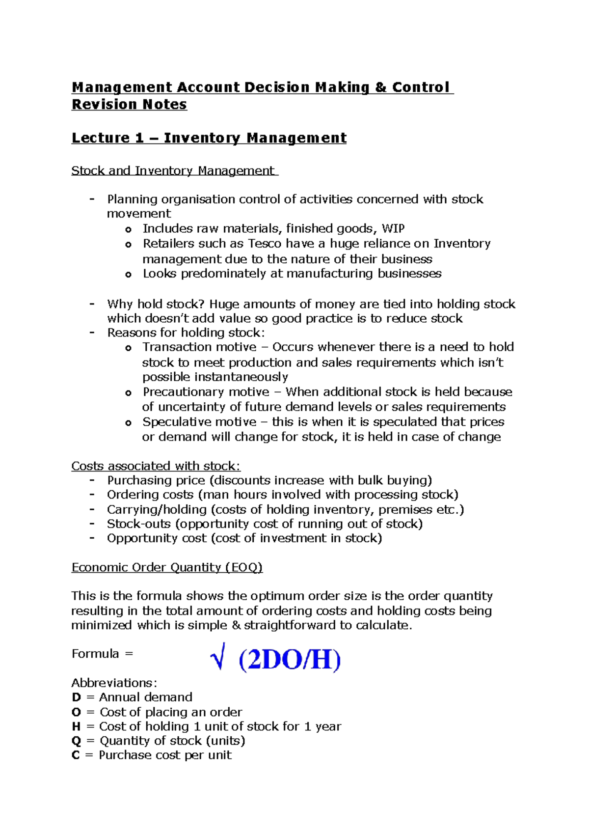 Management Account Decision Making Notes - Management Account Decision ...
