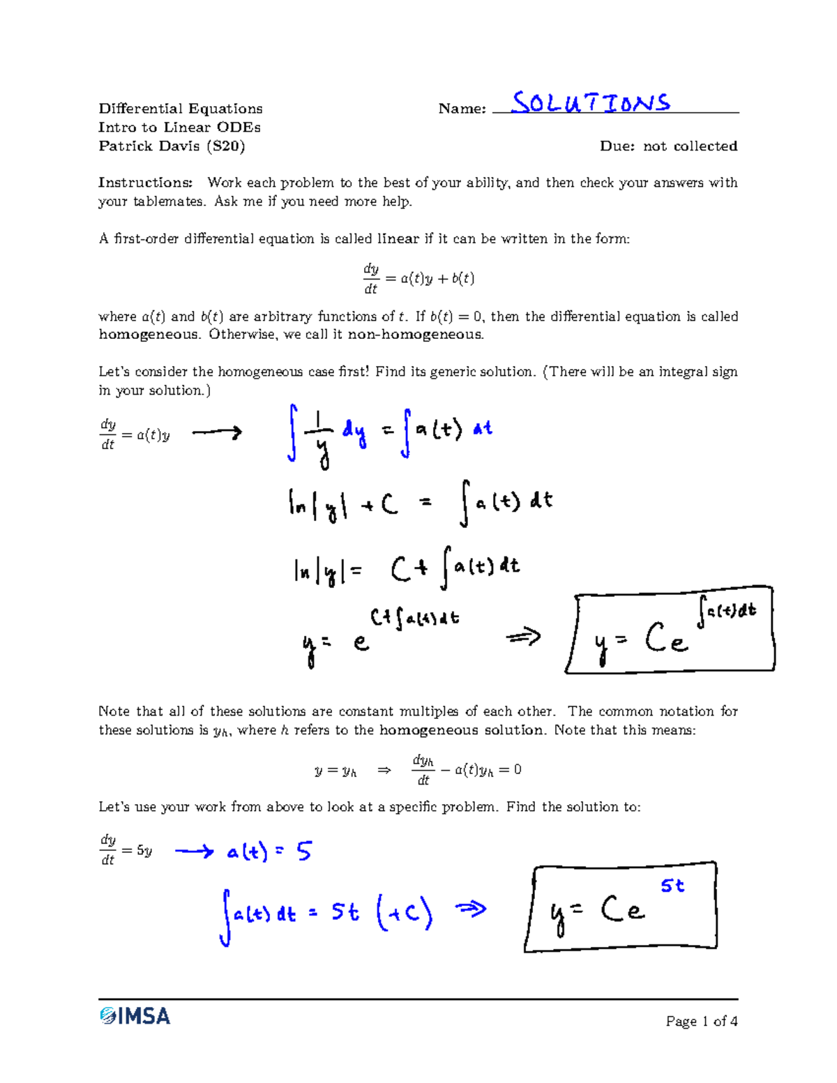 07-w1 Intro to Linear ODEs Solutions - Differential Equations Name ...