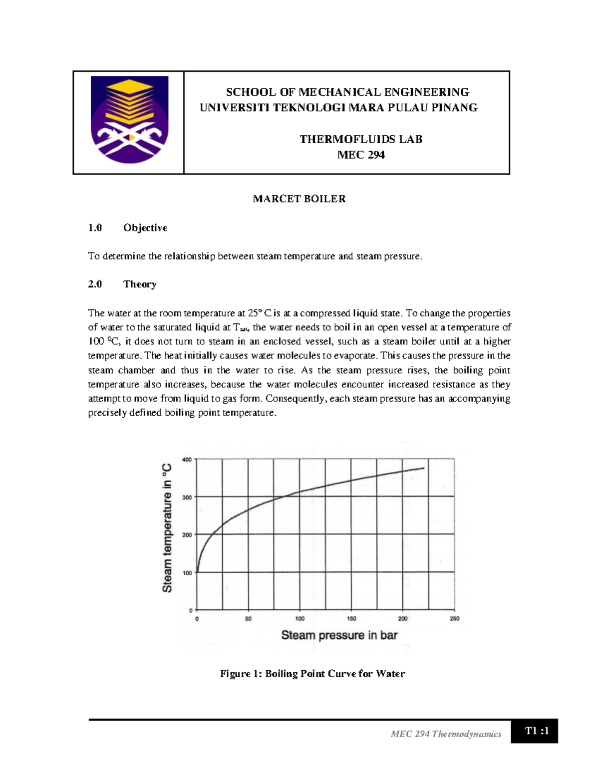 Experiment T1 - MEC 294 Thermodynamics T 1 : 1 SCHOOL OF MECHANICAL ENGINEERING UNIVERSITI ...