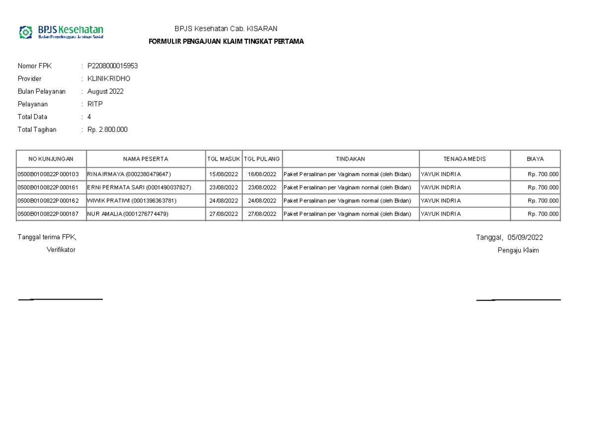 Pengajuan claim bpjs persalinan agustus 22 - P KLINIK RIDHO FORMULIR ...