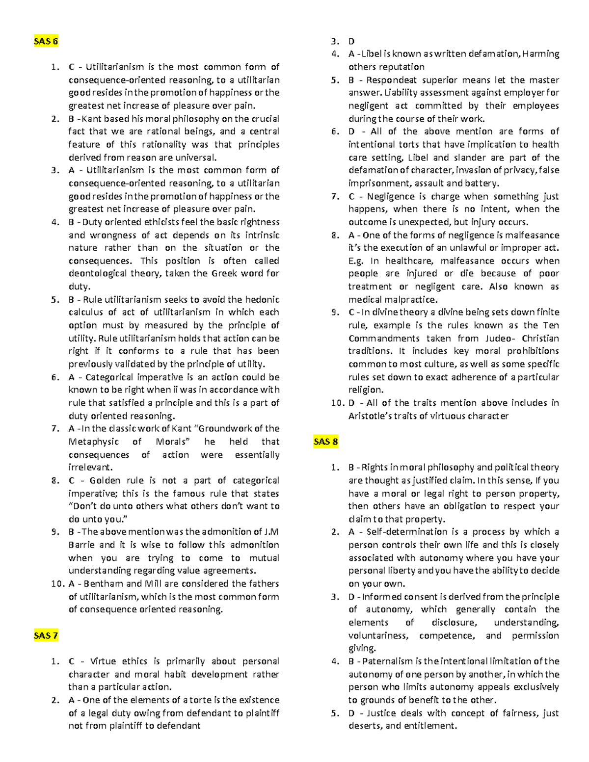Answer keys for SAS 6 to 10 - SAS 6 C - Utilitarianism is the most ...
