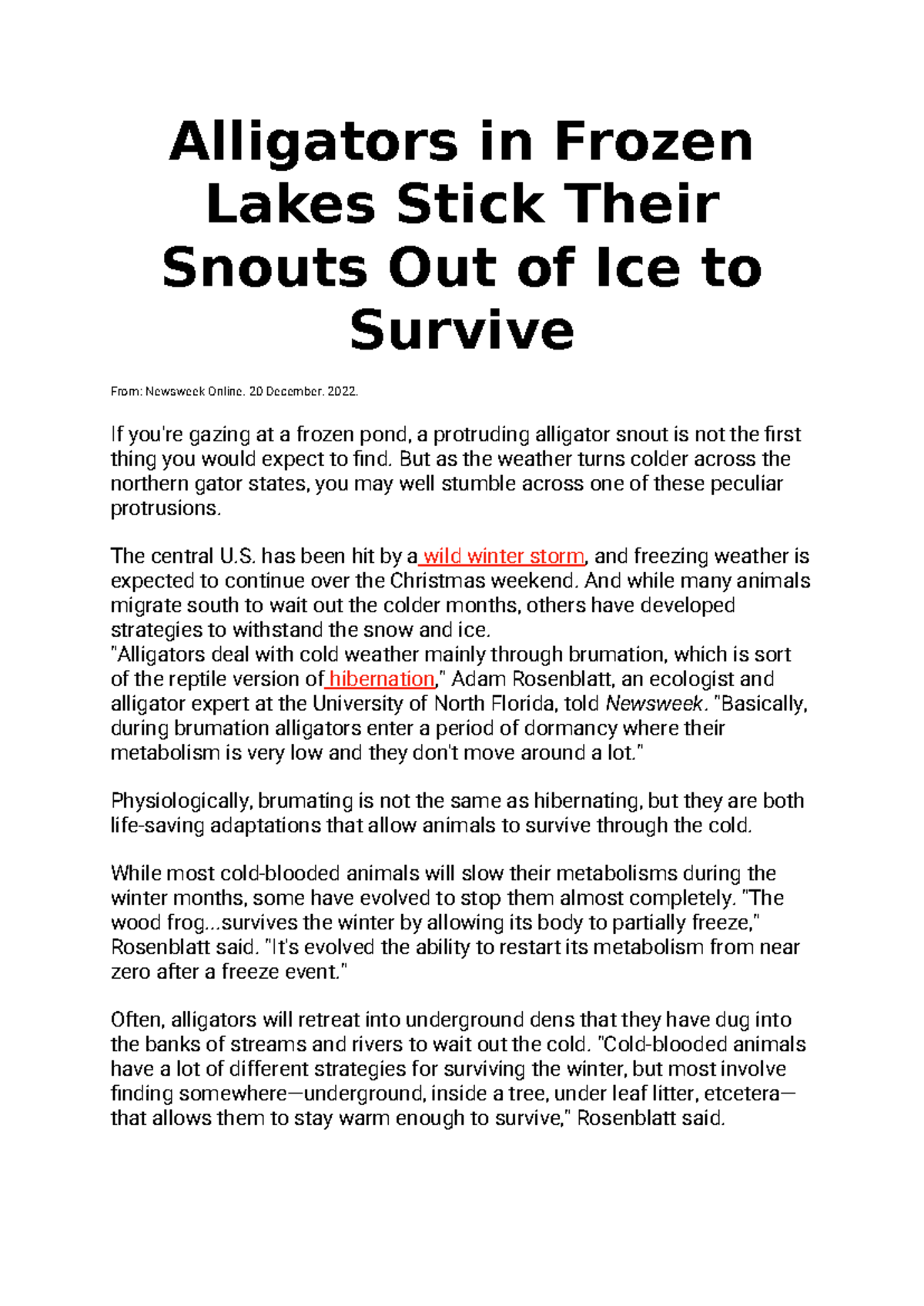 Alligators in Frozen Lakes Stick Their Snouts Out of Ice to Survive ...