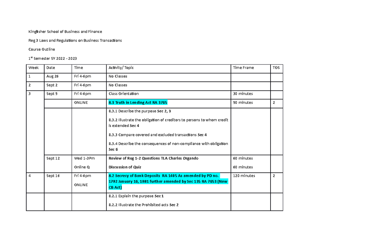 Reg 3 Course Outline SY 2022 2023 1 - Kingfisher School of Business and ...