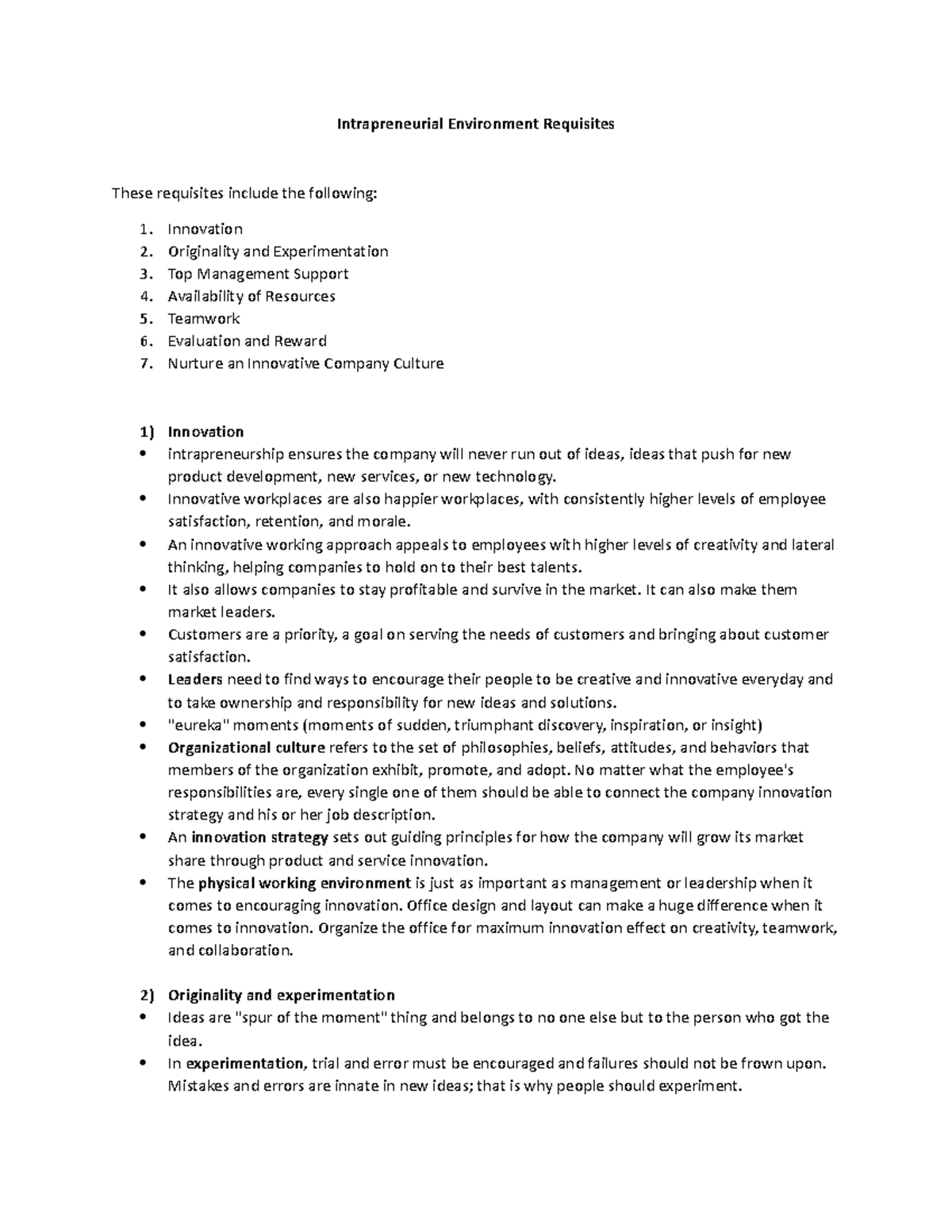 Intrapreneurial Environment Requisites - Innovative workplaces are also ...