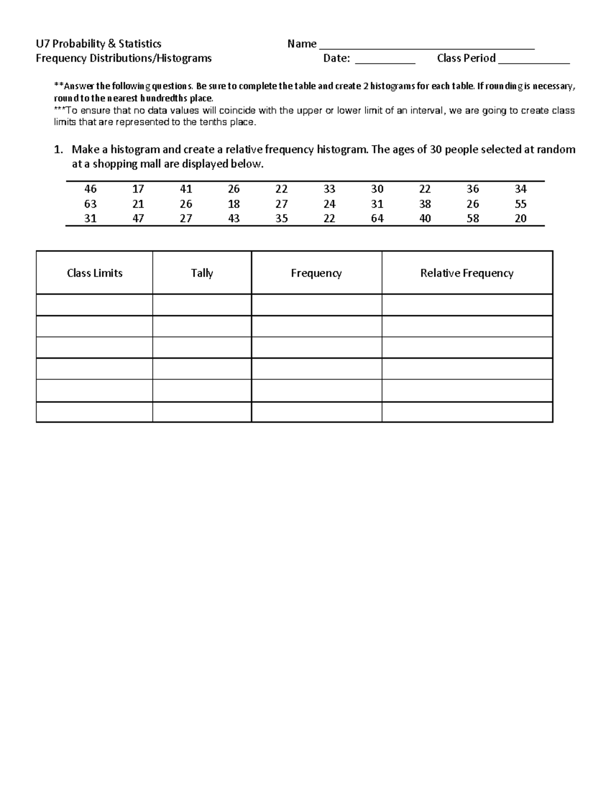Frequency Distributions Practice-1 - U7 Probability & Statistics Name ...
