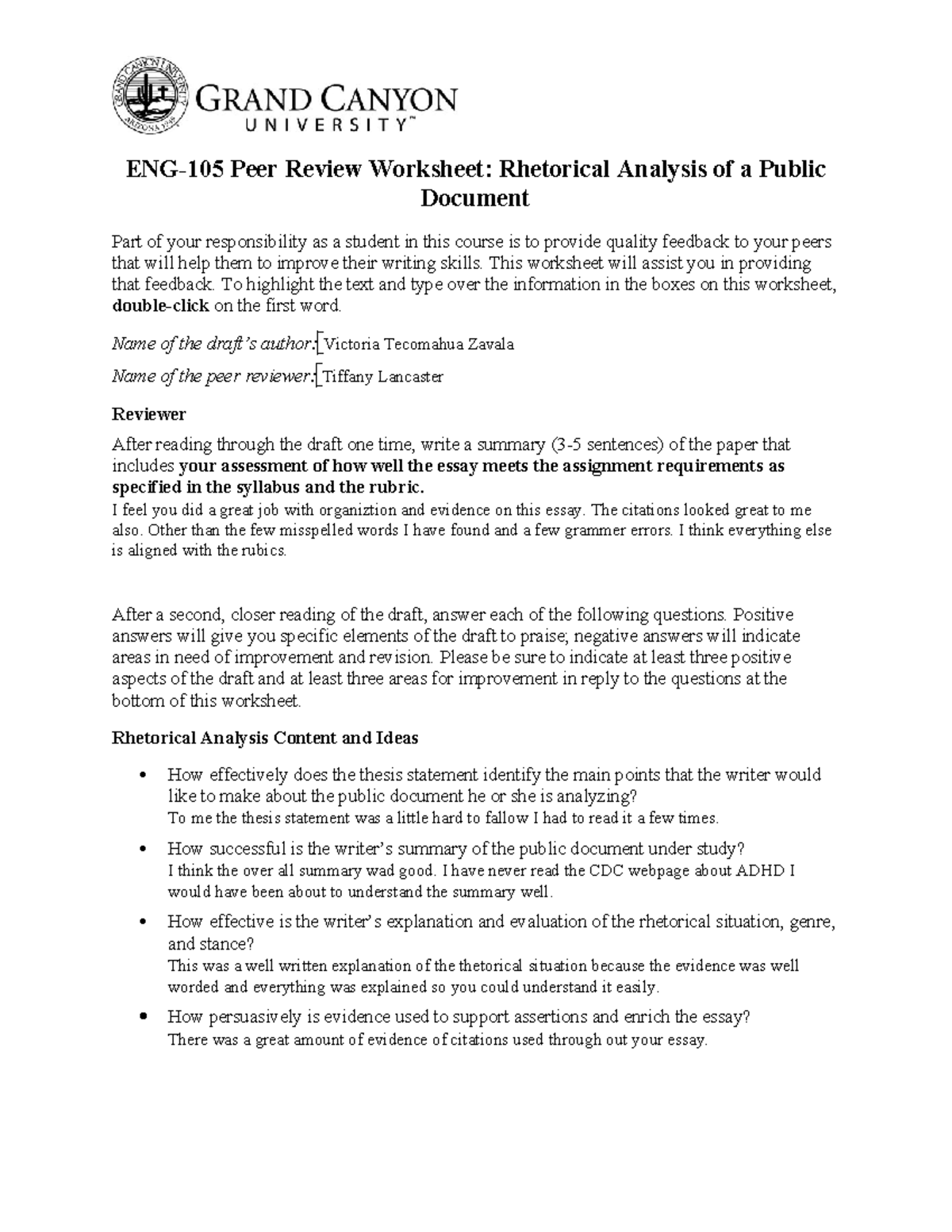 ENG-105-RS-Rhetorical Analysis Peer Review Worksheet Online - ENG-105 ...