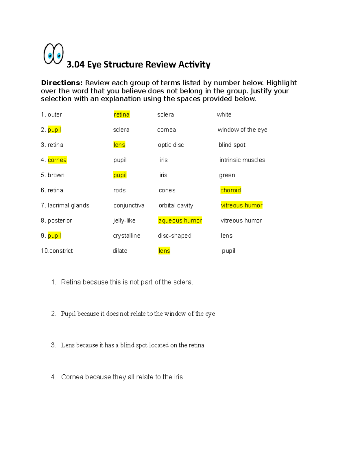 3.04 Eye Structure Review - 3 Eye Structure Review Activity Directions ...