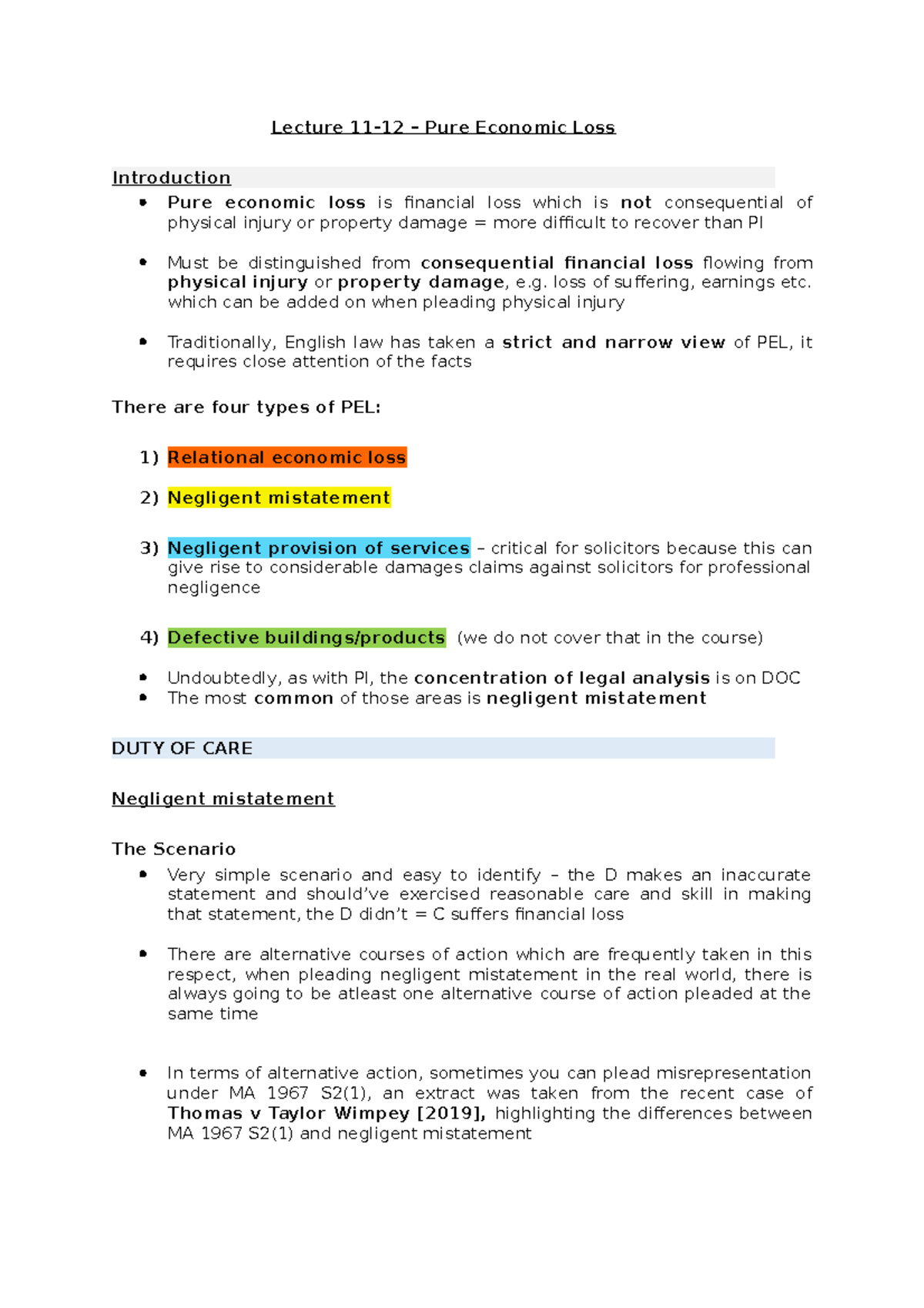 Lecture 11-12 - Pure Economic Loss - Lecture 11-12 – Pure Economic Loss ...