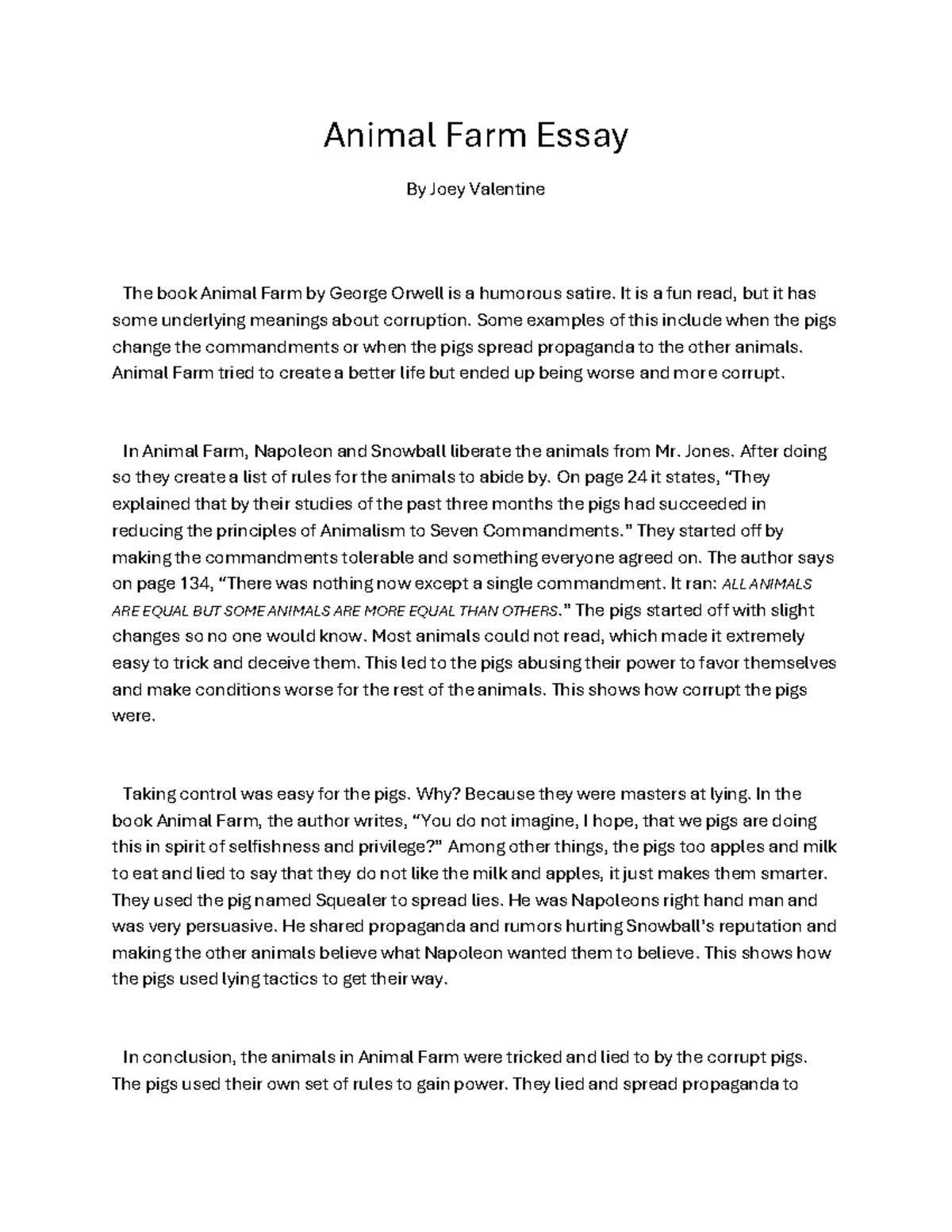 Animal Farm Essay - lol - Animal Farm Essay By Joey Valentine The book ...