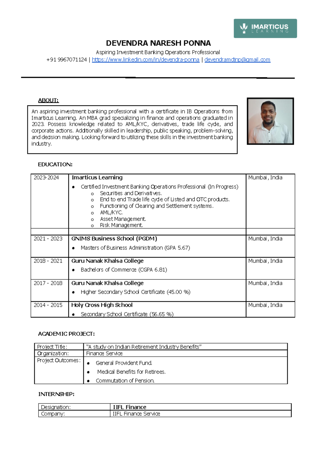 Cibop New Imarticus Resume Template - DEVENDRA NARESH PONNA Aspiring ...