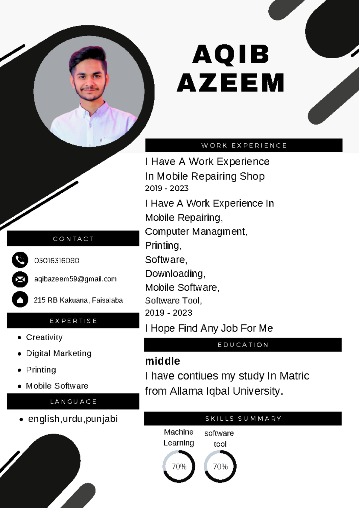 AQIB Azeem CV Resume - gdfg - AQIB AZEEM W O R K E X P E R I E N C E E D U C A T I O N E X P E R ...